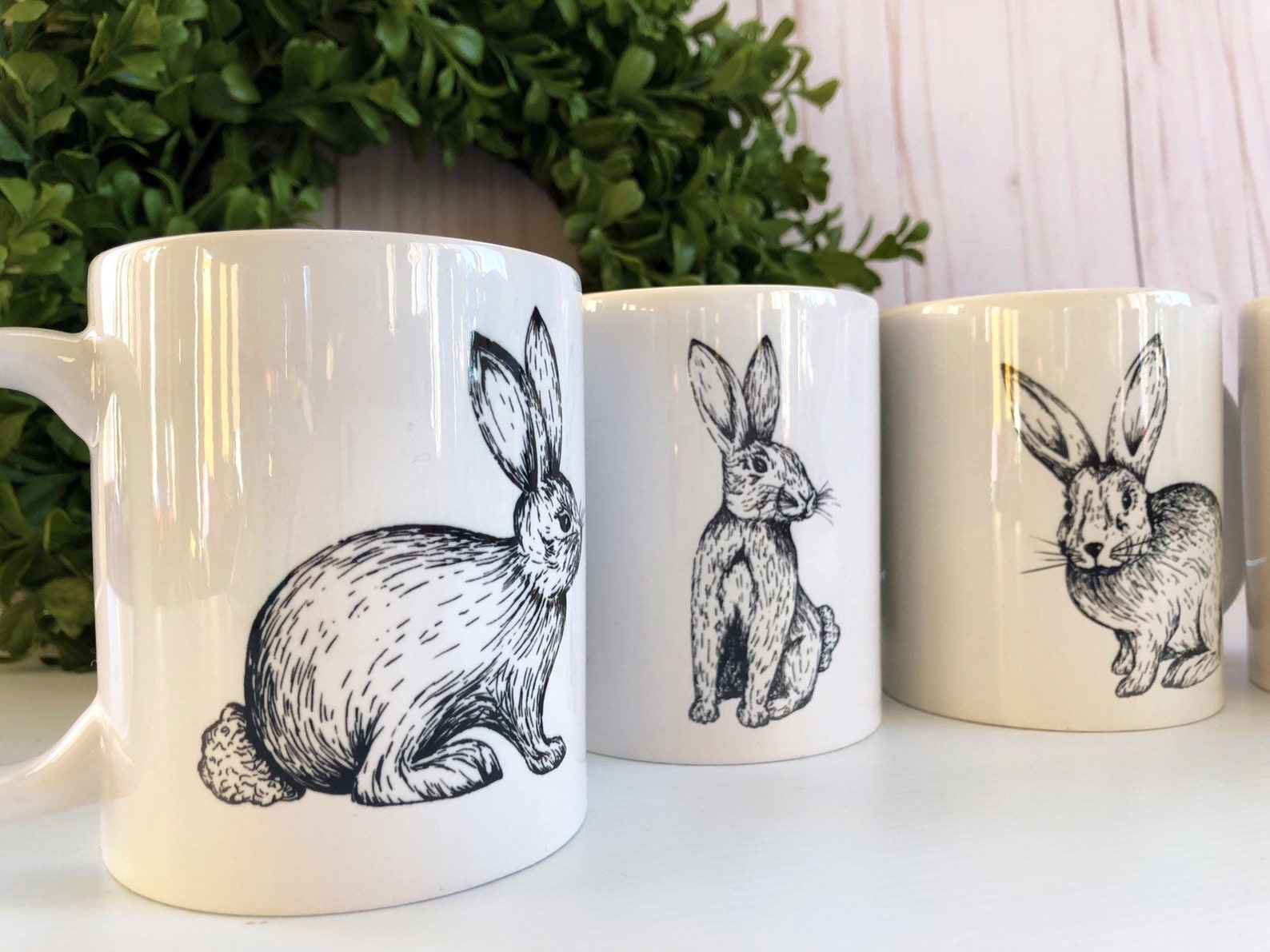 Easter Mug Set Hand Drawn Bunny Mugs Black and White Mugs | Etsy