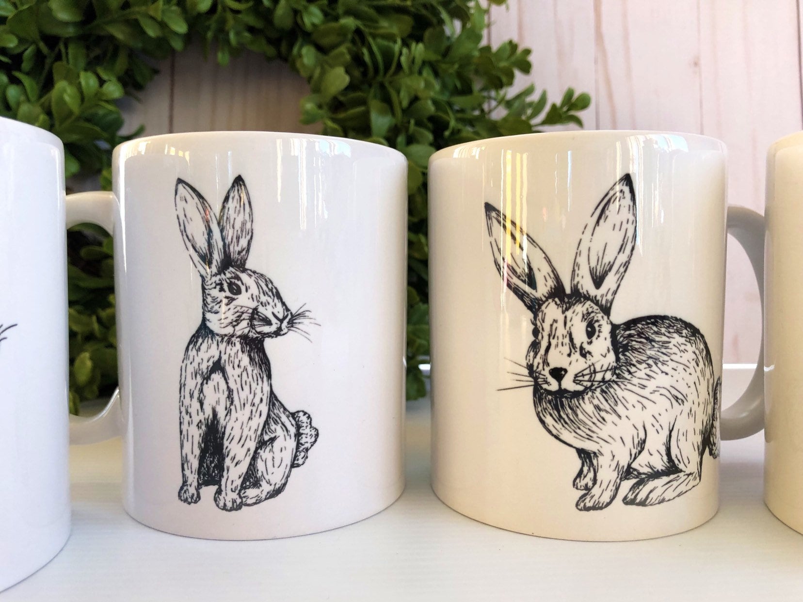 Easter Mug Set Hand Drawn Bunny Mugs Black and White Mugs | Etsy