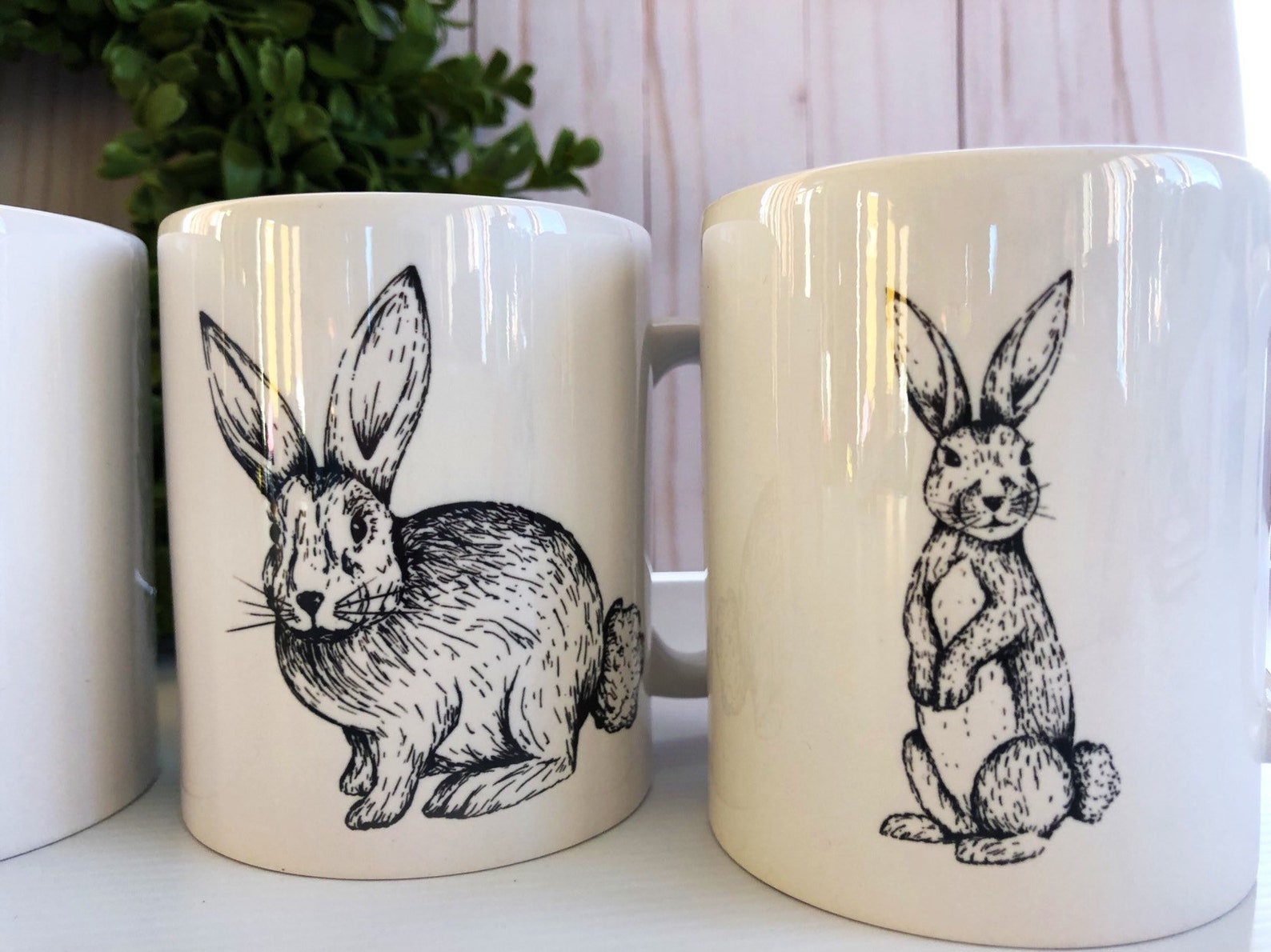 Easter Mug Set Hand Drawn Bunny Mugs Black and White Mugs | Etsy