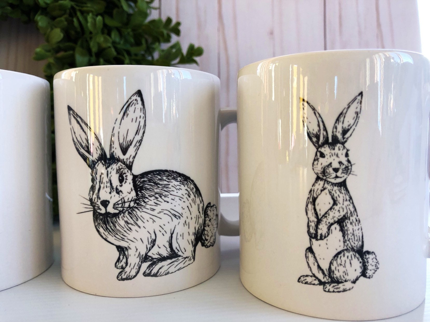 Easter Mug Set Hand Drawn Bunny Mugs Black and White Mugs | Etsy