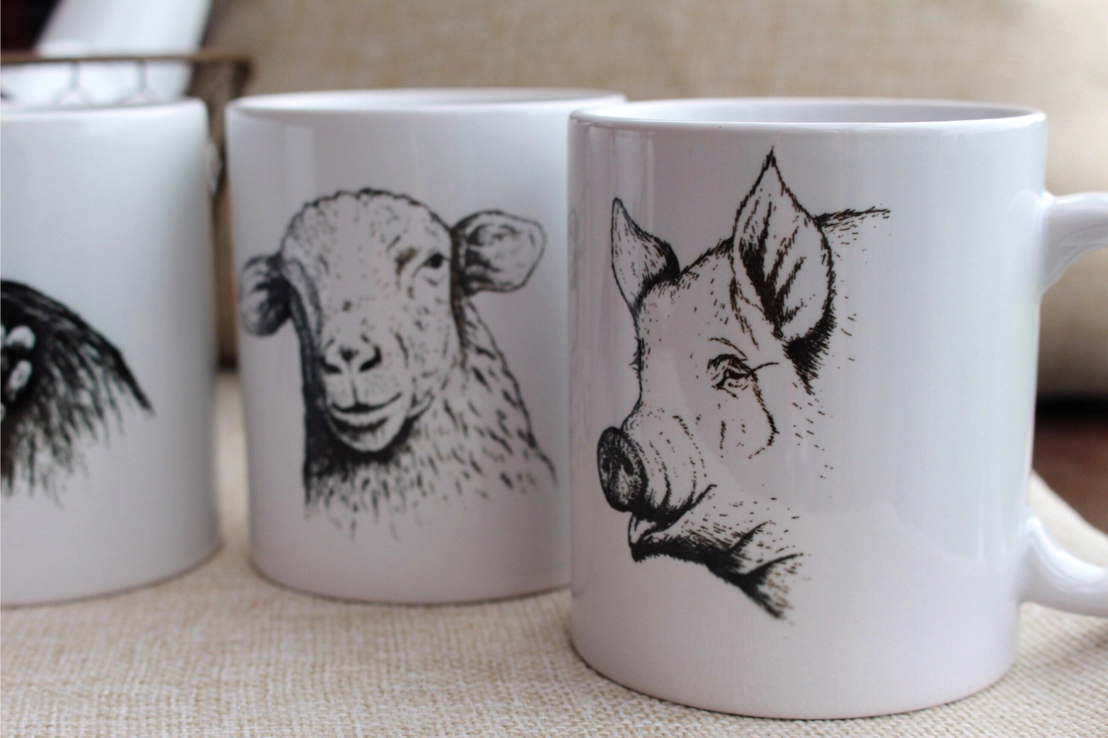 Set of Farm Mugs, Hand Drawn Farm Animal Mugs, Black and White Mugs ...