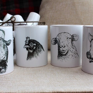 Set of Farm Mugs, Hand Drawn Farm Animal Mugs, Black and White Mugs ...