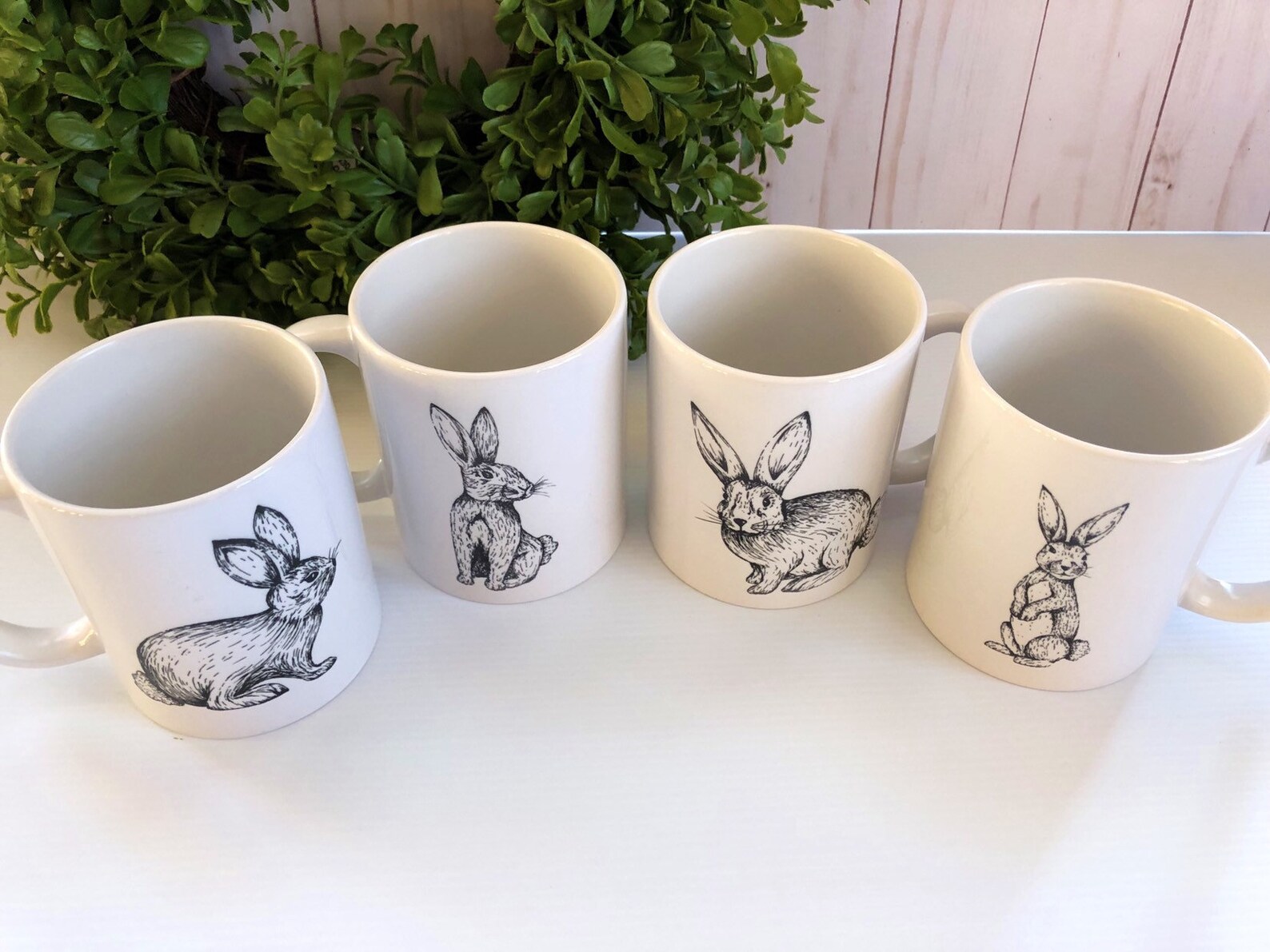 Easter Mug Set Hand Drawn Bunny Mugs Black and White Mugs | Etsy