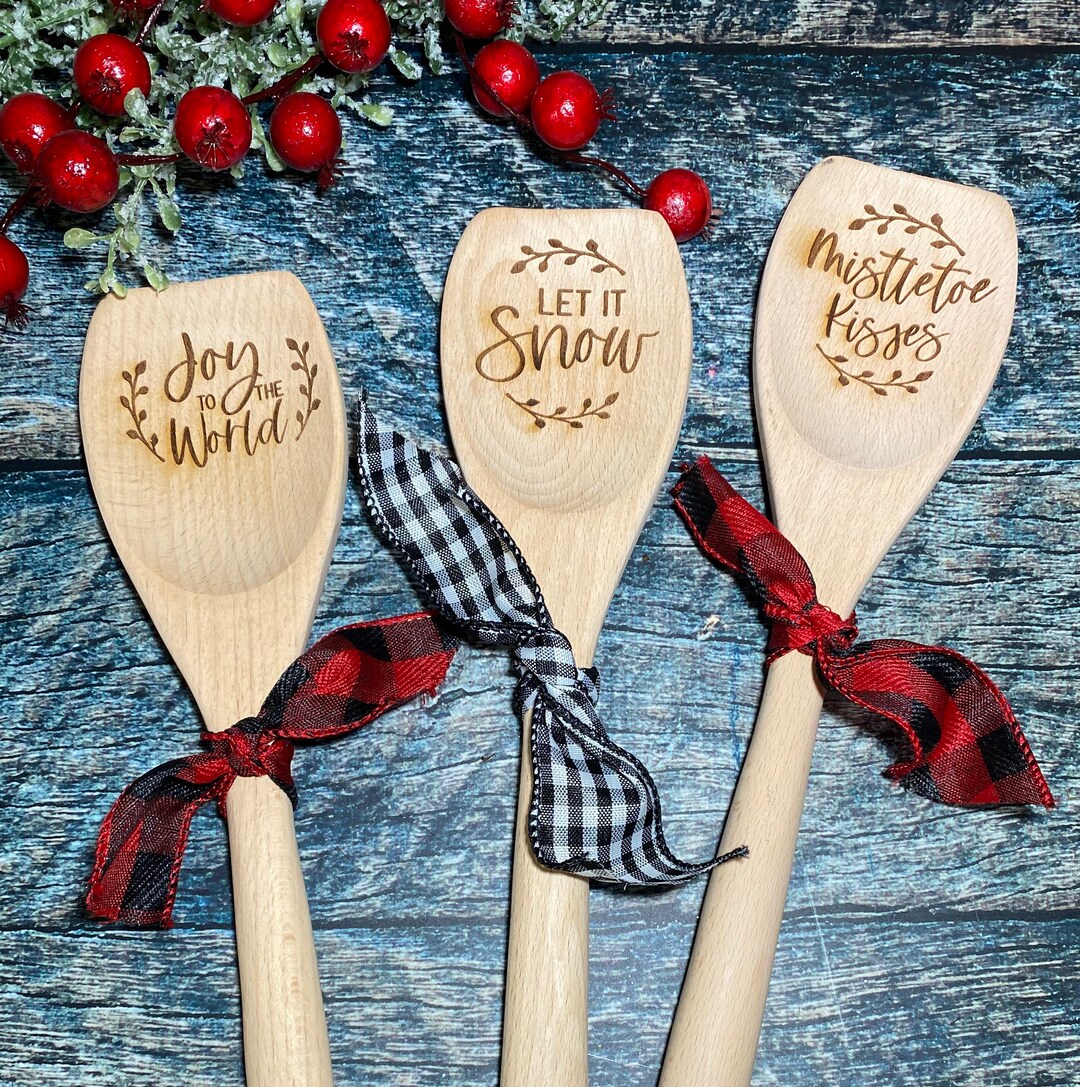 Engraved Wooden Spoons, Kitchen Gifts, Joy to the World, Mistletoe ...