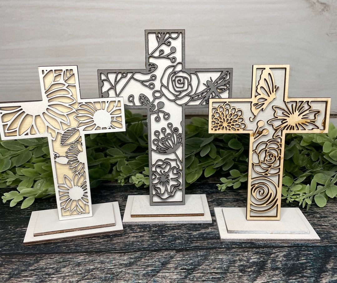 Set of 3 Cross Shelf Sitters, Easter Decor, Spring Tiered Tray, Spring ...