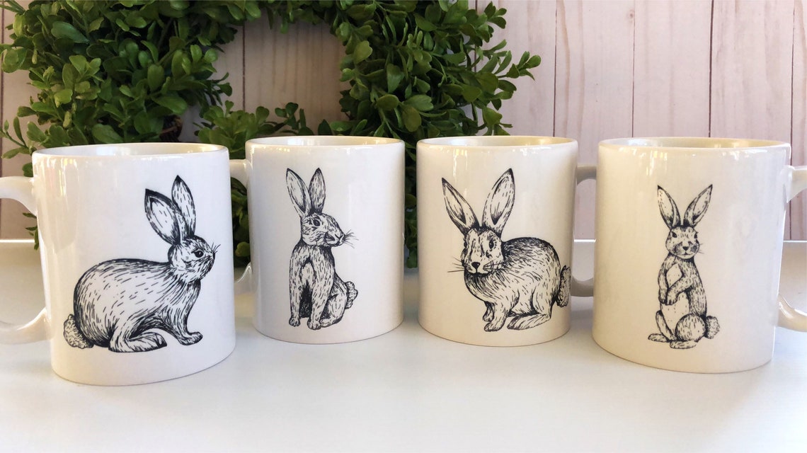 Easter Mug Set Hand Drawn Bunny Mugs Black and White Mugs | Etsy