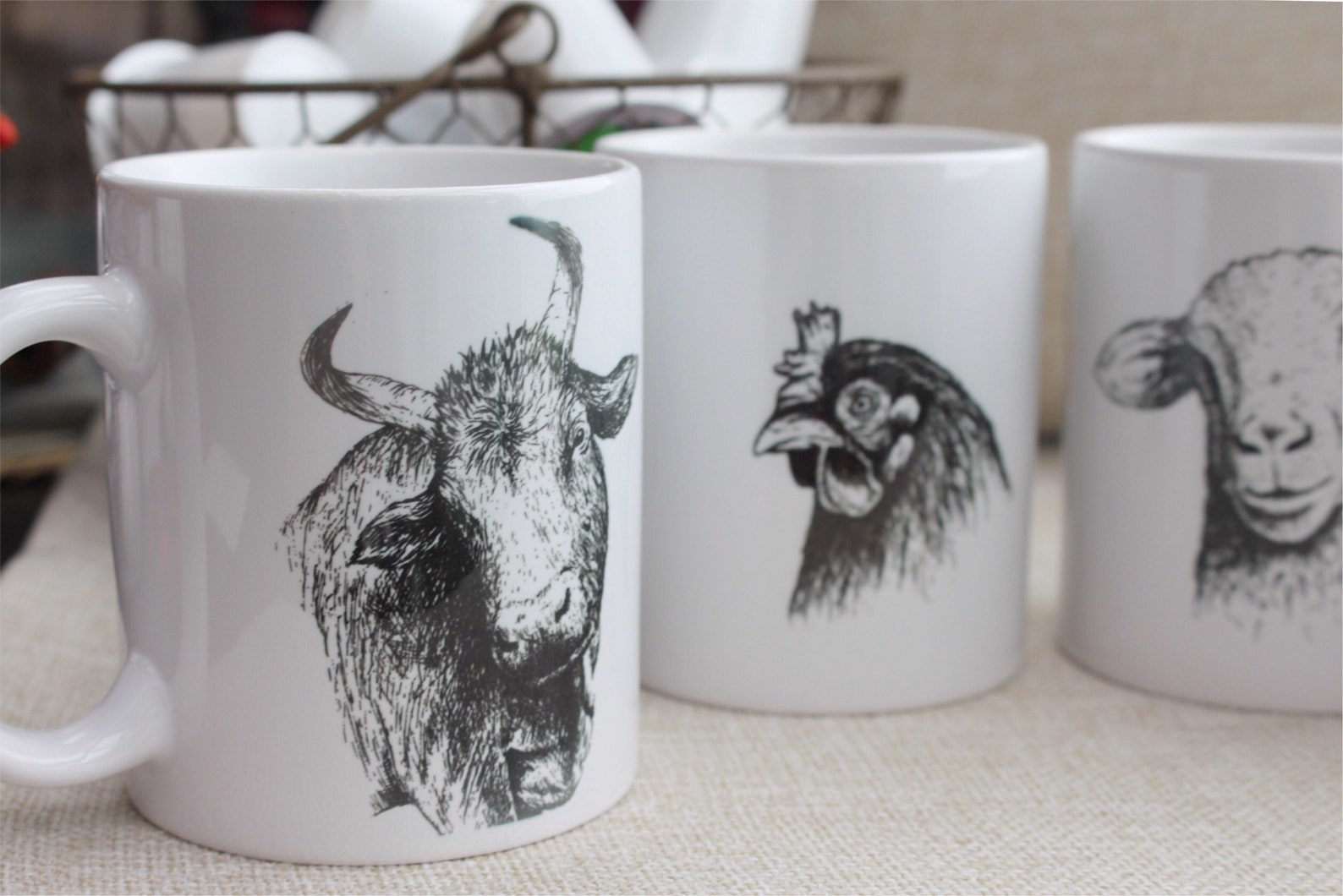 Set of Farm Mugs, Hand Drawn Farm Animal Mugs, Black and White Mugs ...