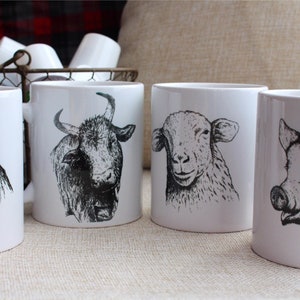 Set of Farm Mugs, Hand Drawn Farm Animal Mugs, Black and White Mugs ...