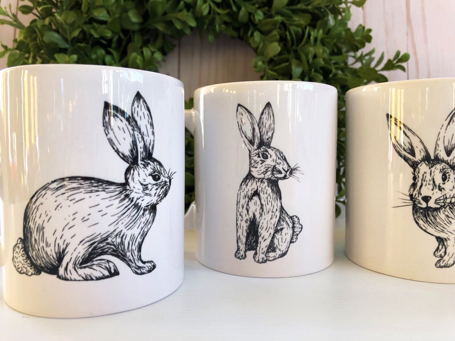 Easter Mug Set Hand Drawn Bunny Mugs Black and White Mugs | Etsy