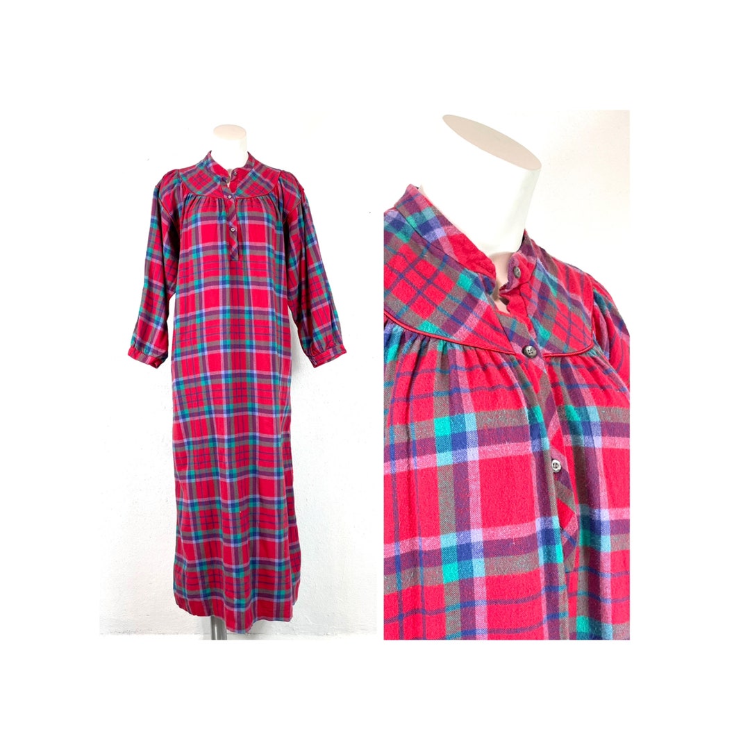 Vintage Eddie Bauer Red Plaid Cotton Flannel Full Length Nightgown Size ...