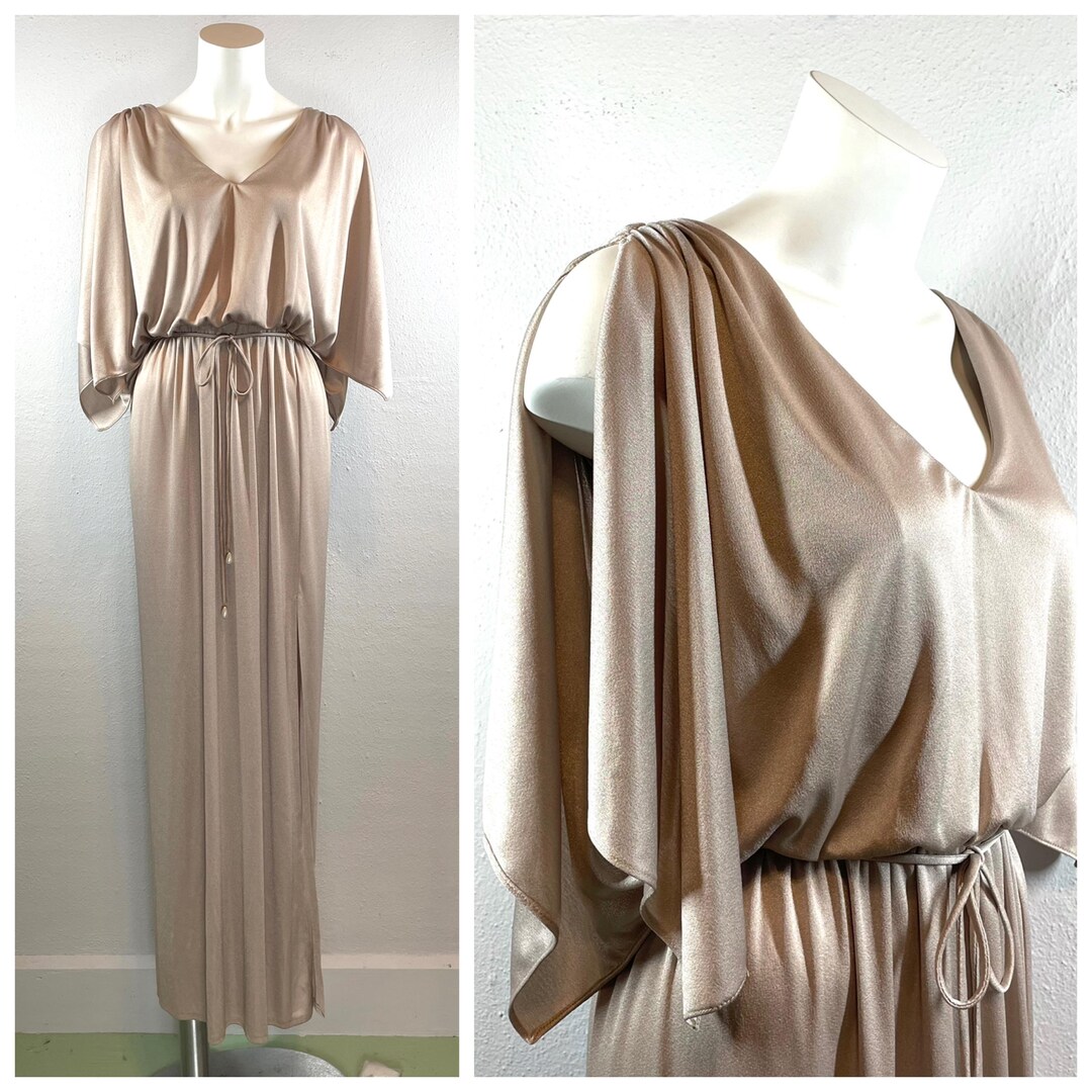 1970s Metallic Champagne Muse Style Gown ILGWU Union Made Maxi Dress ...