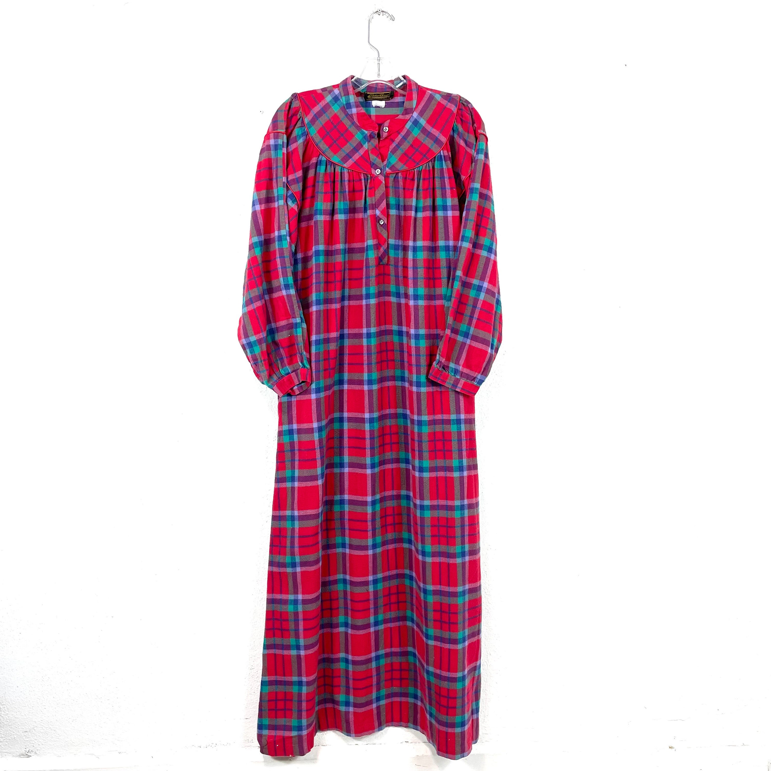Vintage Eddie Bauer Red Plaid Cotton Flannel Full Length Nightgown Size ...