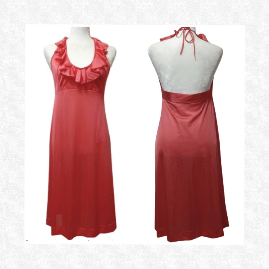Vintage 70s Vanity Fair Ruffle Halter Midi Nightie in Bright Coral Pink ...
