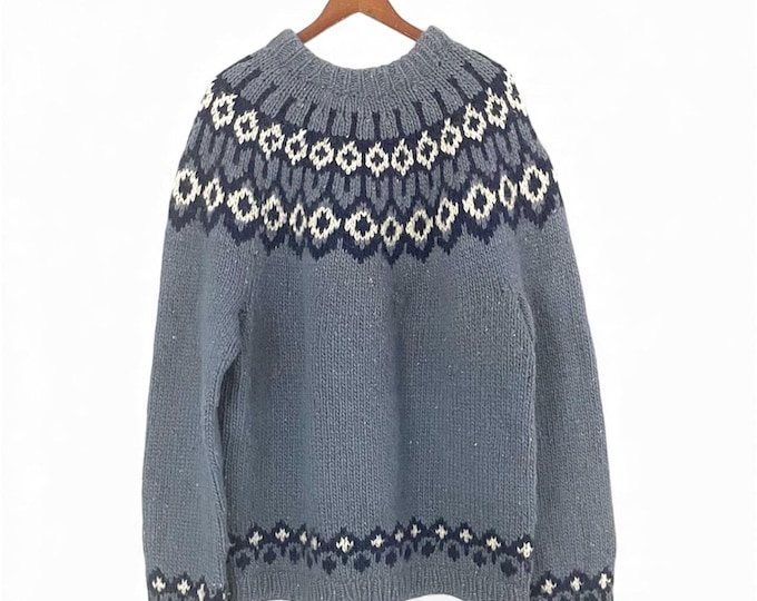 Blue Icelandic Wool Hand Knit Lopapeysa Sweater Unisex Fits XL/XXL ...