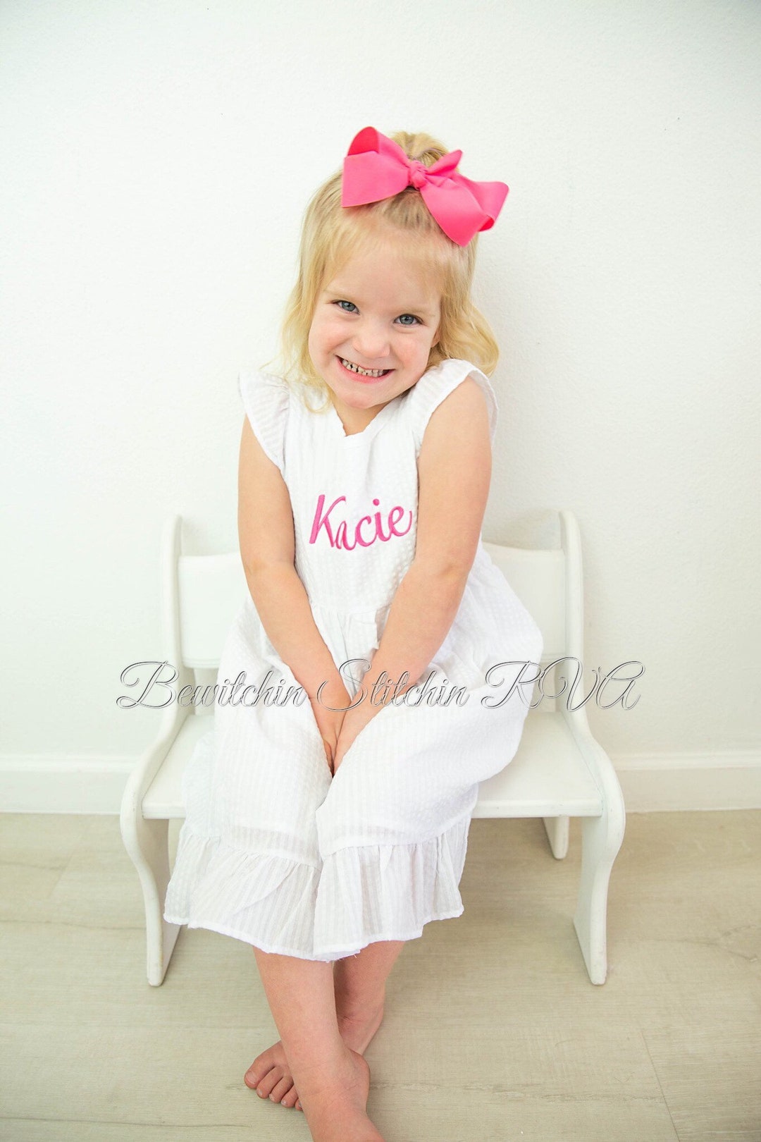 Monogrammed White Girls Seersucker Dress, Flower Girl Dress, Beach ...