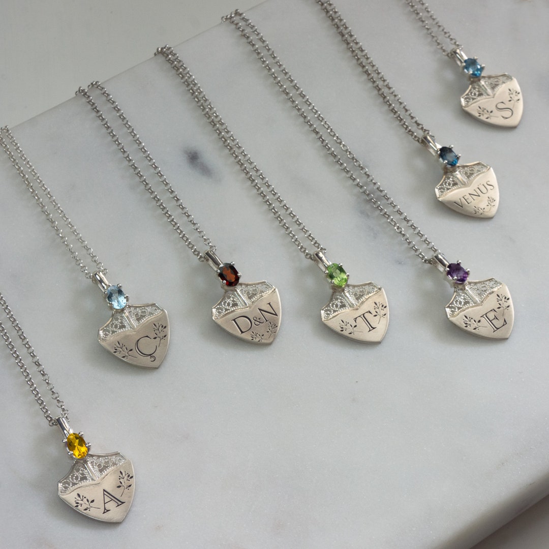 Personalized Shield Pendant With Letters and Gemstone 925 - Etsy