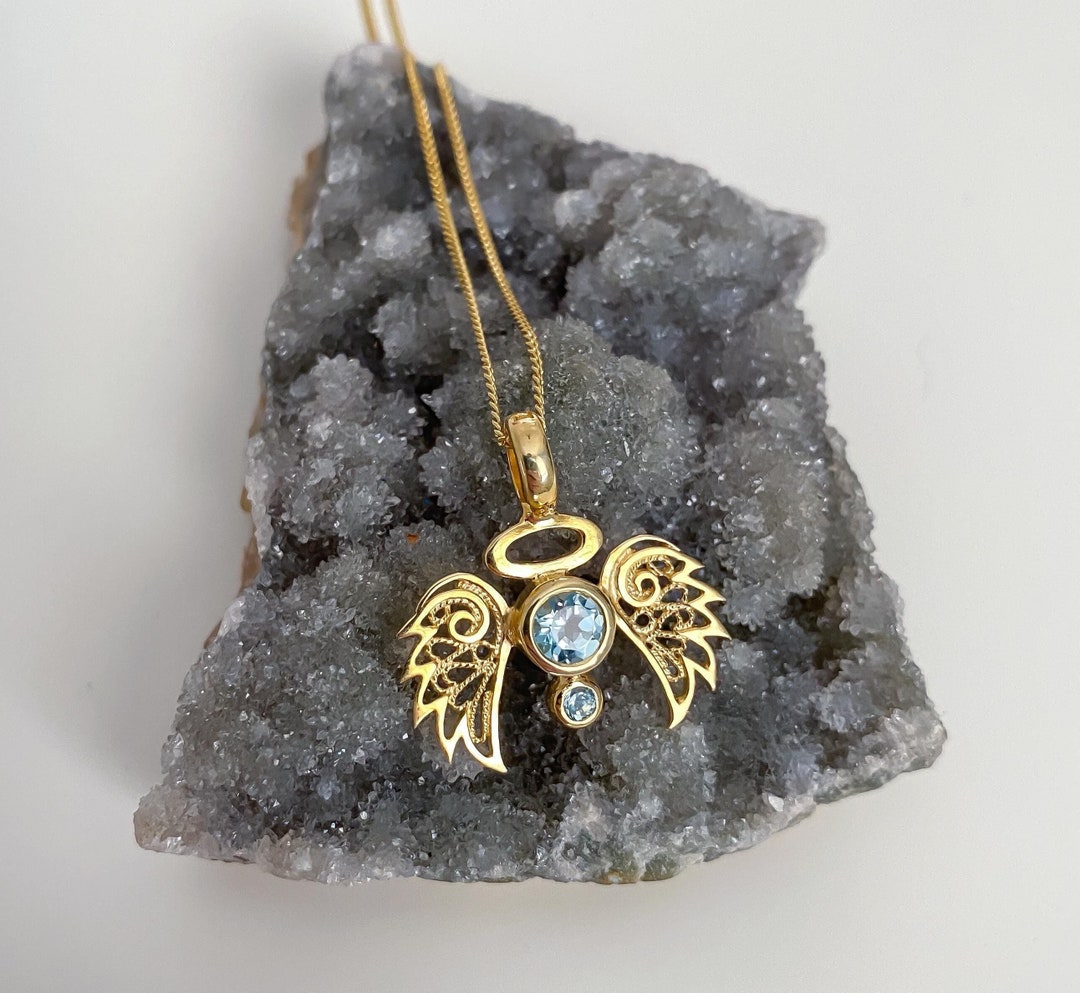 Guardian Angel Pendant W. Filigree Wings and Blue Topaz Gemstones ...