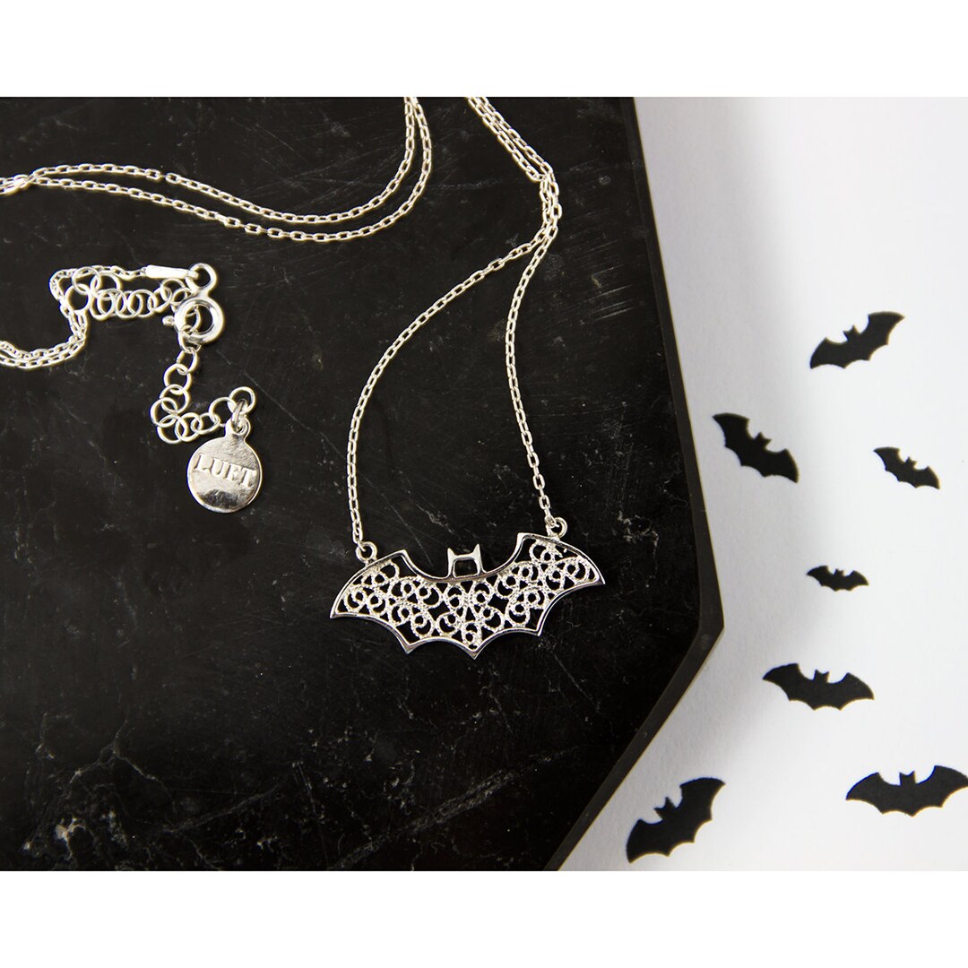 Bat Charm Necklace, Sterling Silver Filigree Bat Jewelry, Halloween ...
