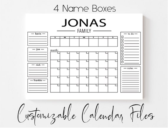 Customizable Family Monthly Calendar 4 Names Cutting File - Etsy