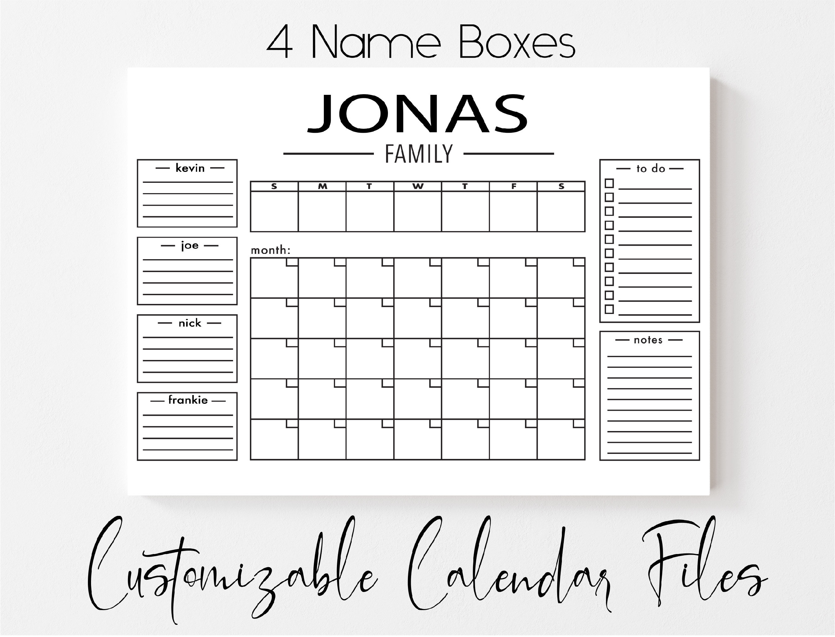 Customizable Family Monthly Calendar (4 Names) - Cutting File - SVG ...