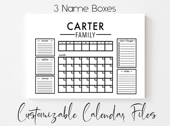 Customizable Family Monthly Calendar 3 Names Cutting File - Etsy