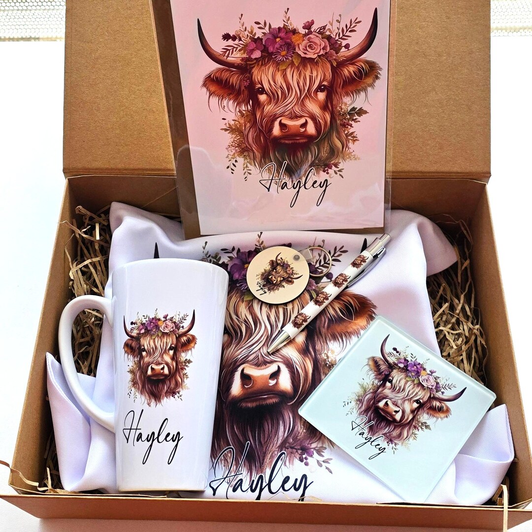 Personalised Highland Cow Gift Set – Custom Name Mug, Tote Bag, Coaster ...