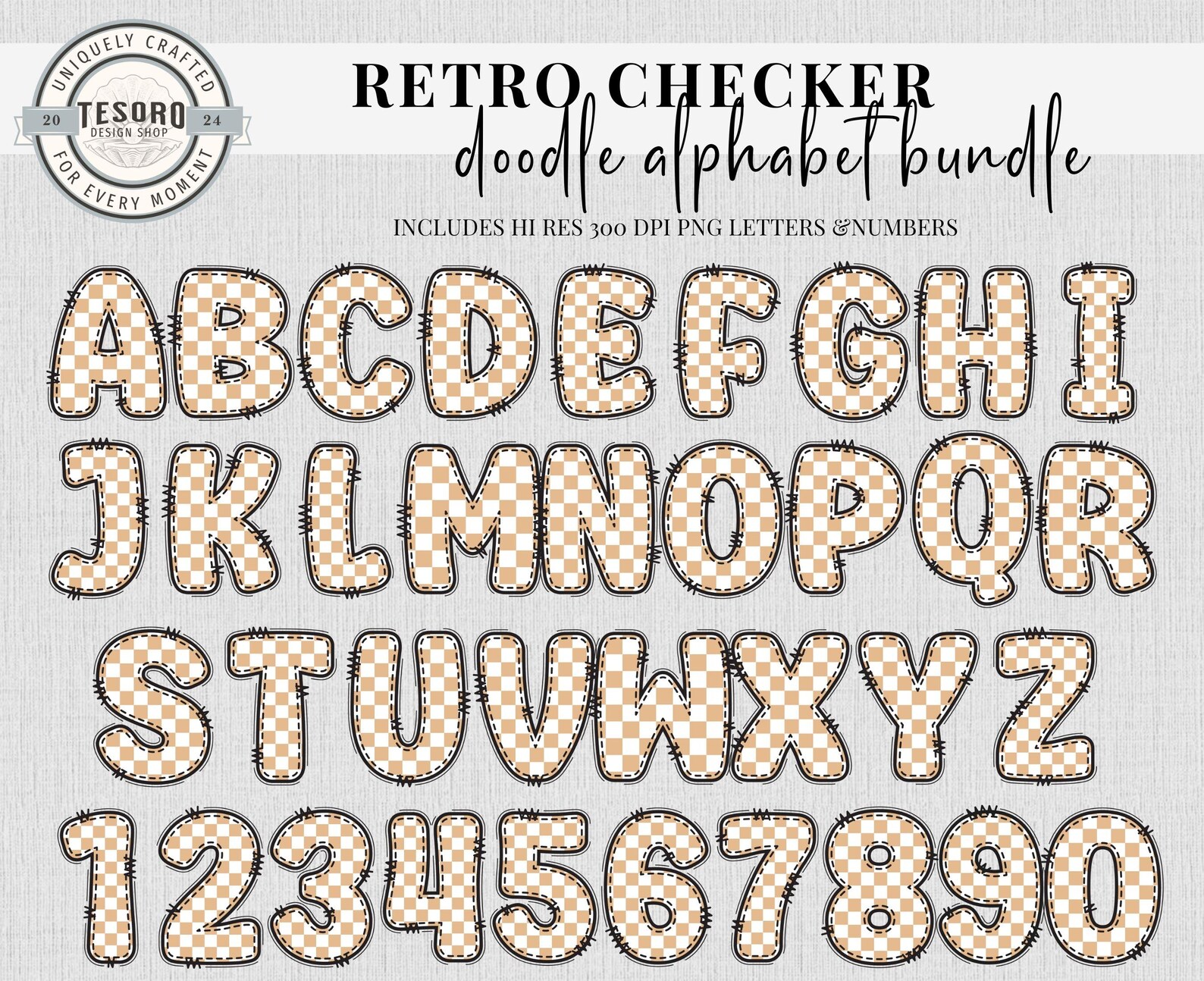 Checker Alphabet Bundle Doodle PNG Black Tan| Caramel Checker Retro ...