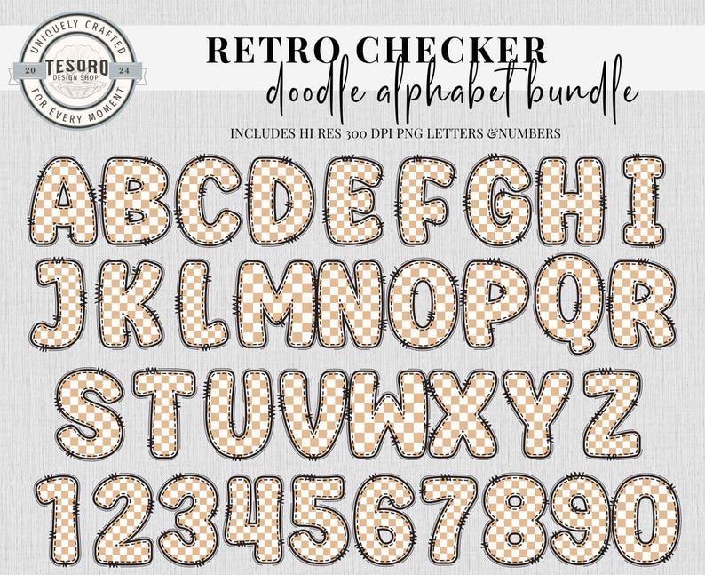 Checker Alphabet Bundle Doodle PNG Black Tan| Caramel Checker Retro ...
