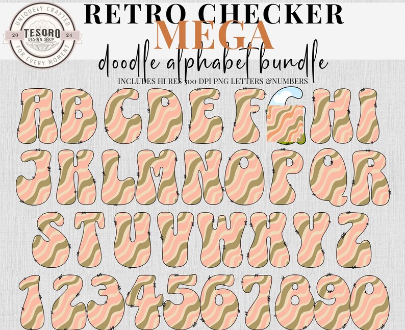 Retro Boho Checker Doodle Alphabet PNG |groovy 70s Retro Clipart Floral ...