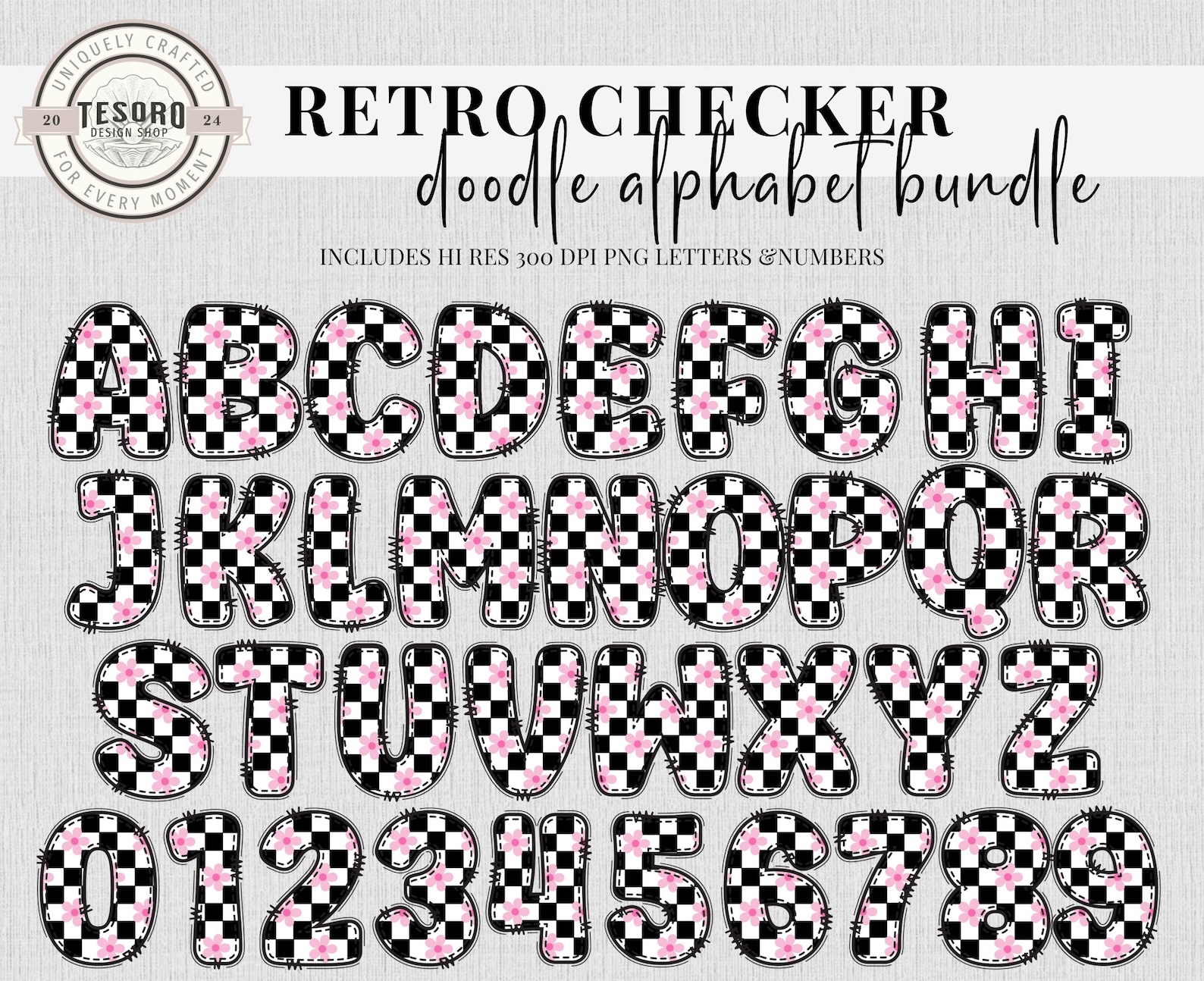 Checker Doodle Alphabet Bundle |pastel Checker & Daisy Letters |retro ...