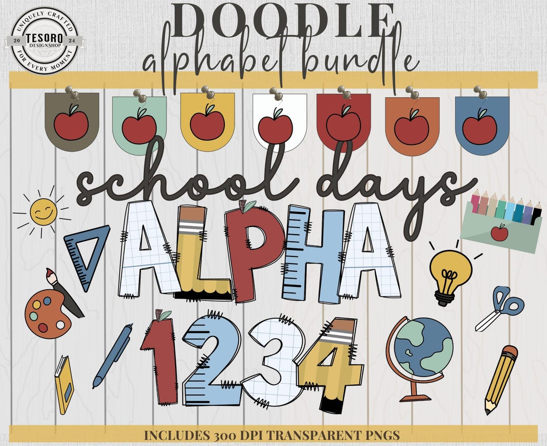School Doodle Alphabet Bundle |teacher Alphabet Pngs |classroom Clip ...