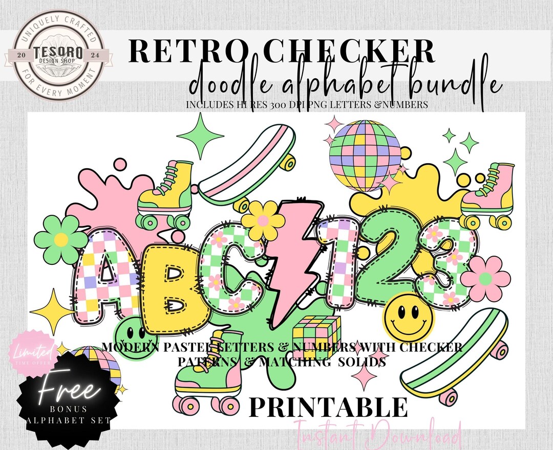 Checker Doodle Alphabet Bundle PNG | Pastel Pink Checker & Daisy ...