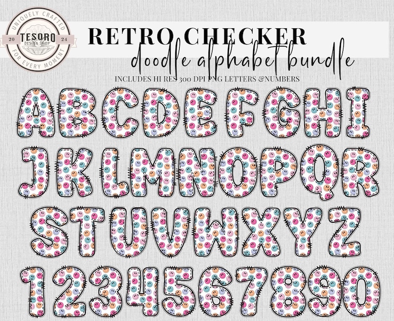 Checker Doodle Alphabet Bundle PNG | Retro Clipart Letters| Lightning ...