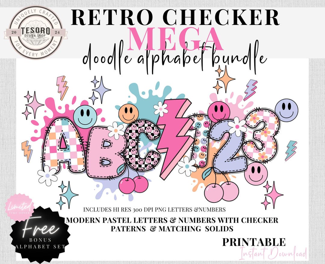 Checker Doodle Alphabet Bundle PNG | Retro Clipart Letters| Lightning ...