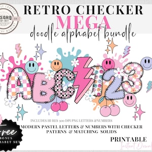 Checker Doodle Alphabet Bundle PNG | Retro Clipart Letters| Lightning ...