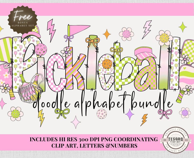 Pickleball Pink Bows Doodle Alphabet |scrapbook Crafts Sublimination ...