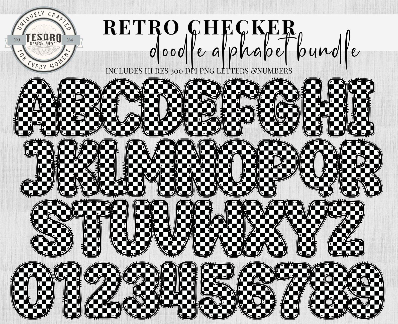 Checker Alphabet Bundle Doodle PNG Black Tan| Caramel Checker Retro ...
