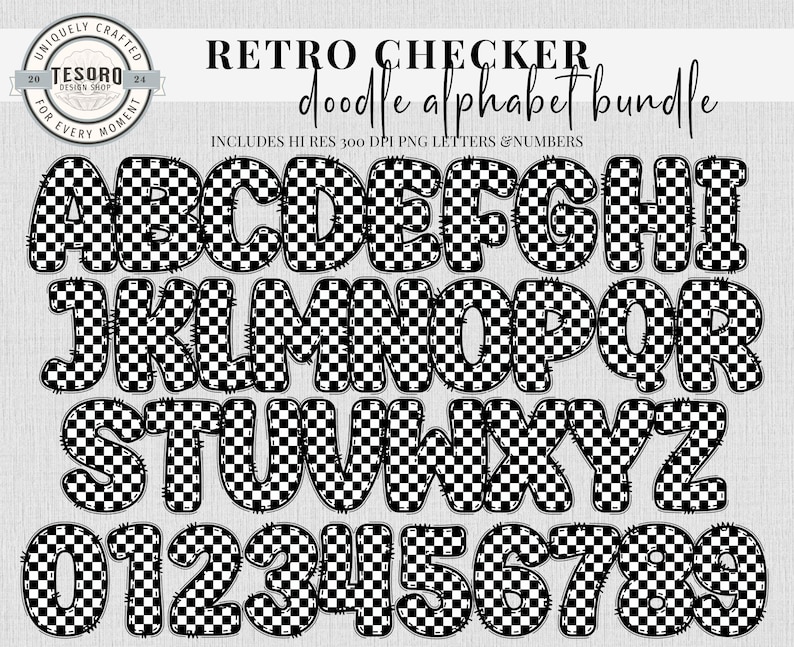 Checker Alphabet Bundle Doodle PNG Black Tan| Caramel Checker Retro ...