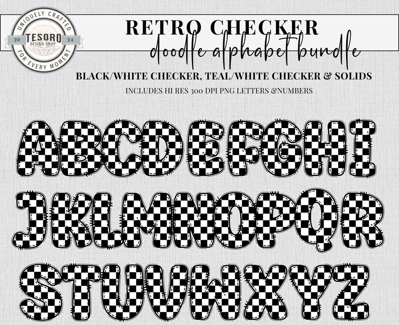 Checker Alphabet Bundle Doodle PNG | Blue Checker Retro Letters School ...