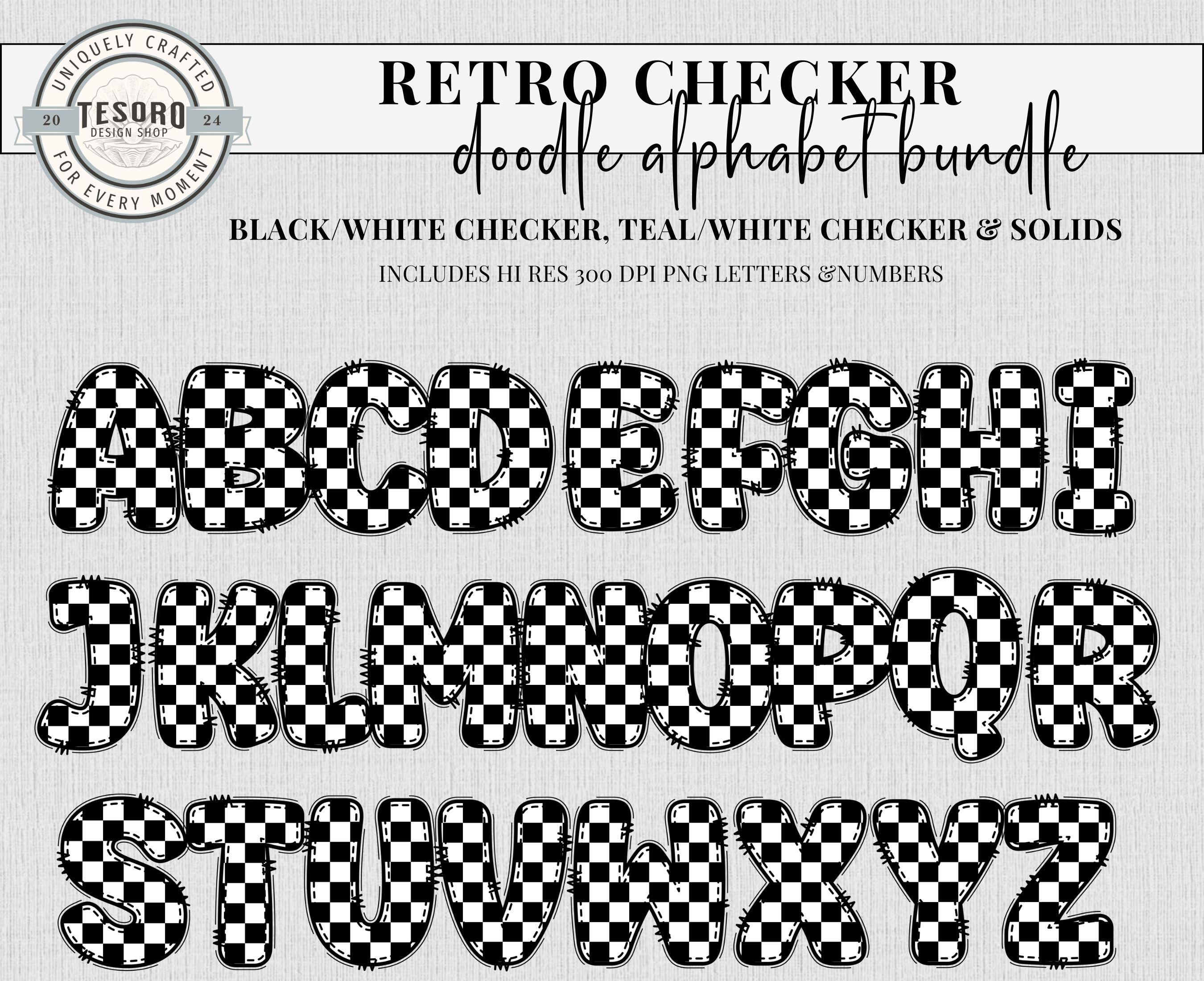 Checker Alphabet Bundle Doodle PNG | Blue Checker Retro Letters School ...
