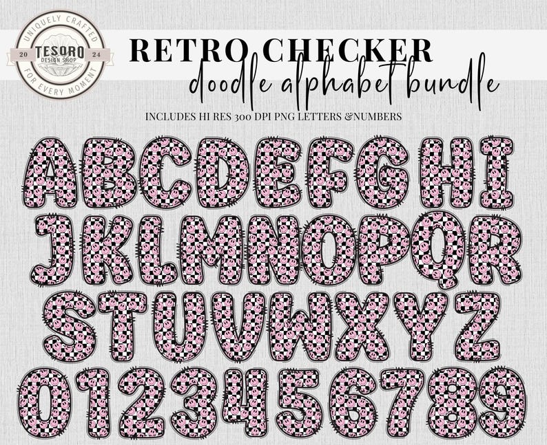 Checker Doodle Alphabet Bundle PNG | Retro Clipart Letters| Lightning ...