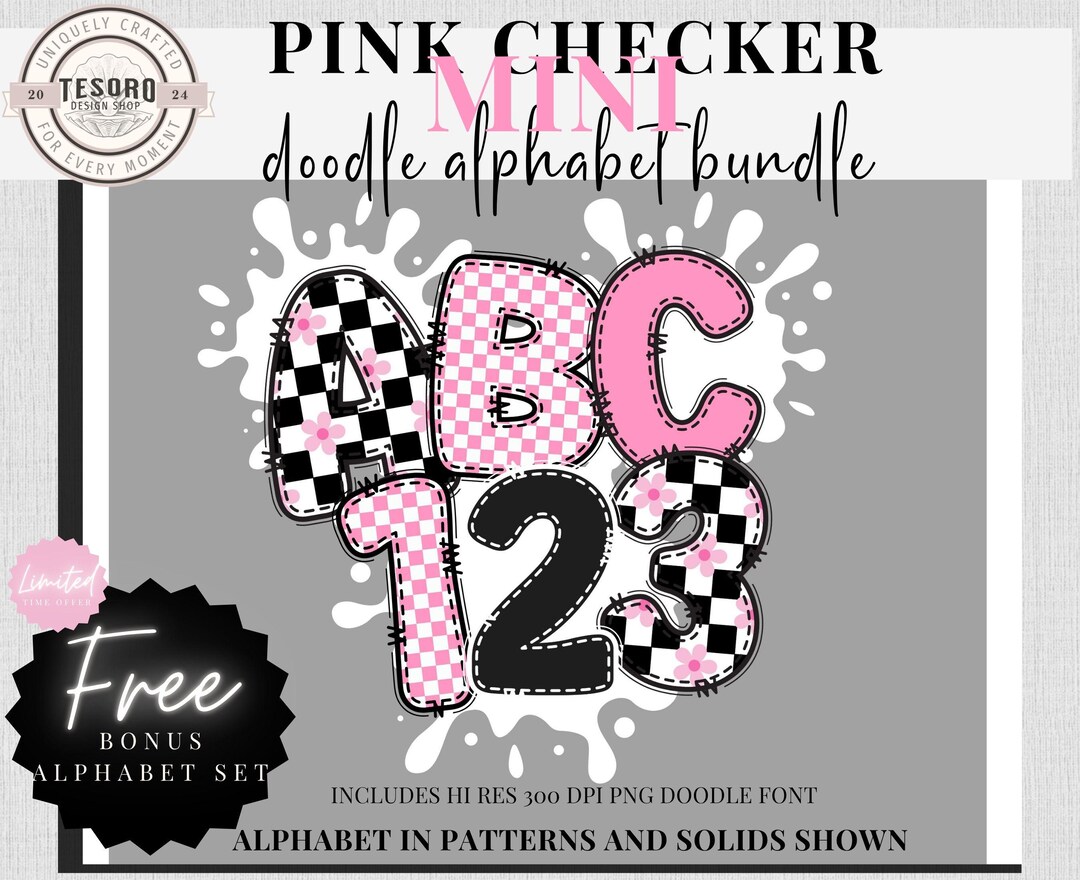 Checker Doodle Alphabet Bundle |black & Pink Letters |retro Font ...