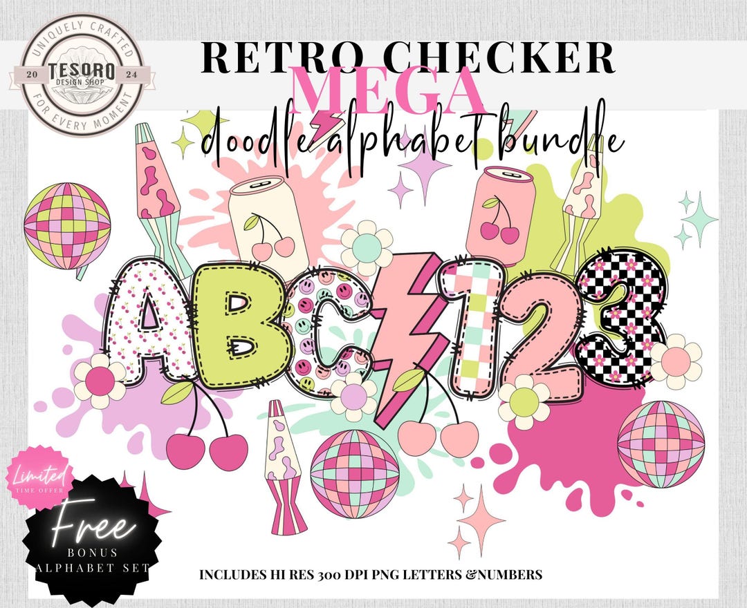 Disco Checker Cherry Retro Doodle Alphabet PNG Font |letter and Clipart ...
