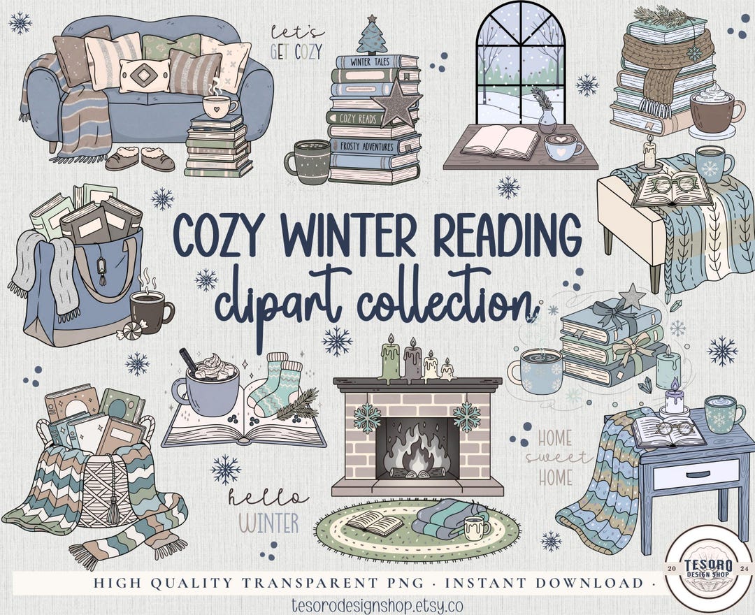 Cozy Winter Reading Clipart Bundle PNG Stickers Journal Classroom Decor ...