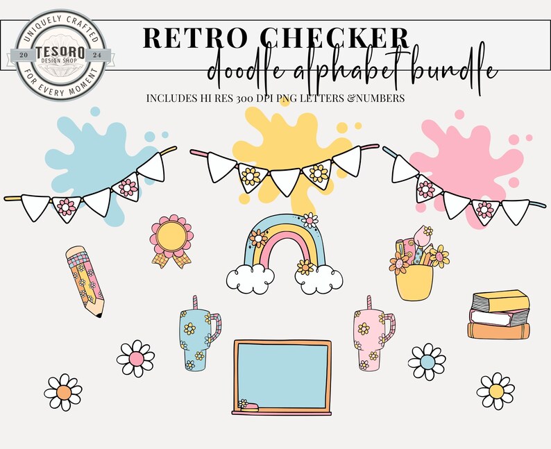 Alphabet Bundle Doodle PNG | Pink Checker Retro Letters School Teacher ...