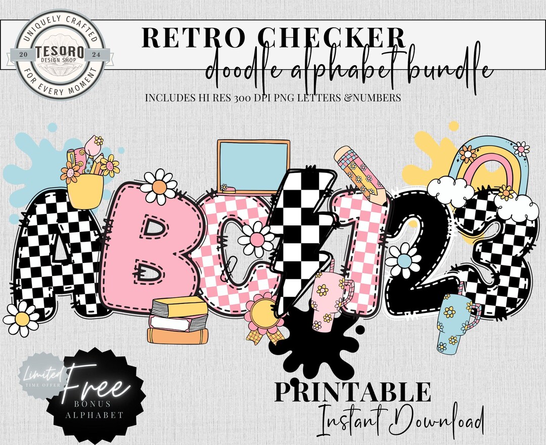 Alphabet Bundle Doodle PNG | Pink Checker Retro Letters School Teacher ...