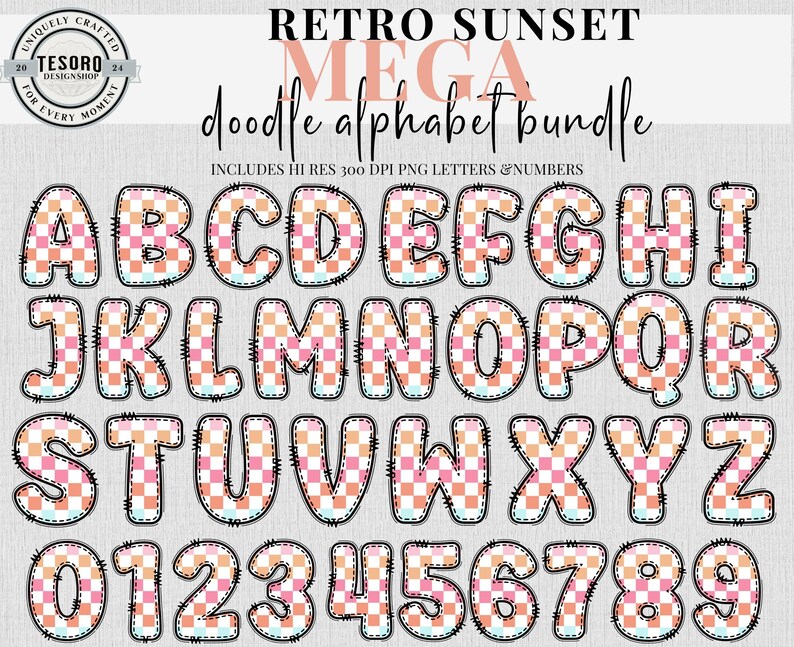 Retro Boho Checker Doodle Alphabet PNG |groovy 70s Retro Clipart ...