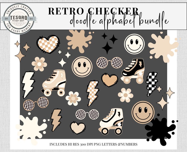 Checker Alphabet Bundle Doodle PNG Black Tan| Caramel Checker Retro ...