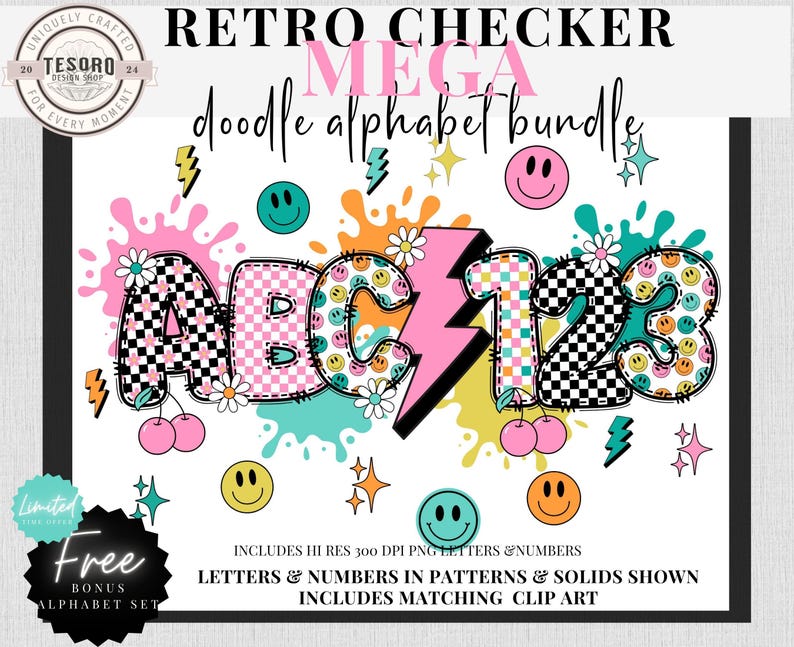 Checker Doodle Alphabet Bundle |checker & Smiley Letters |retro Font ...