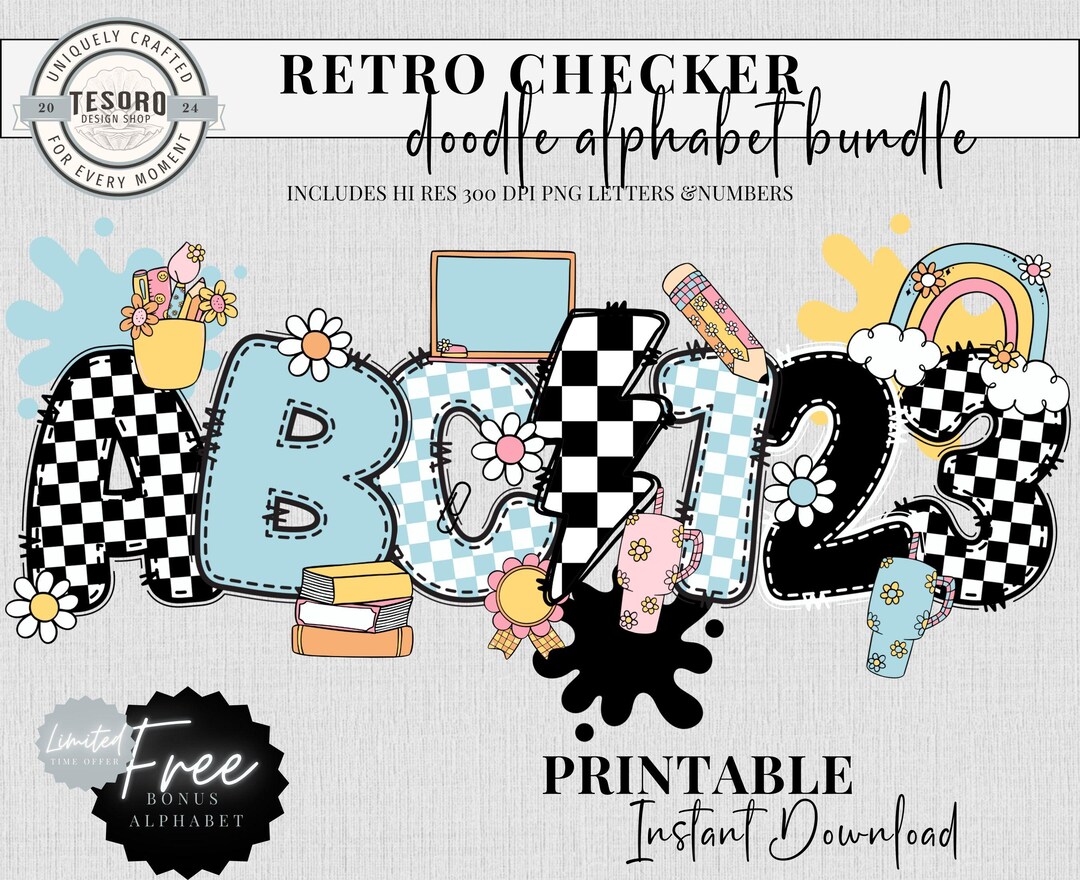 Alphabet Doodle PNG Blue Black Checker Retro Letters School Teacher ...